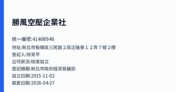 勝風空壓企業社的照片-統編 41408946(新北市) 公司登記資料與營業項目詳細圖表