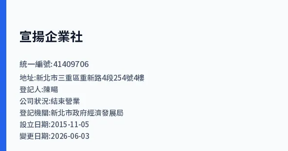 宣揚企業社的照片-統編 41409706(新北市) 公司登記資料與營業項目詳細圖表