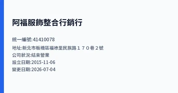 阿福服飾整合行銷行的照片-統編 41410078(新北市) 公司登記資料與營業項目詳細圖表
