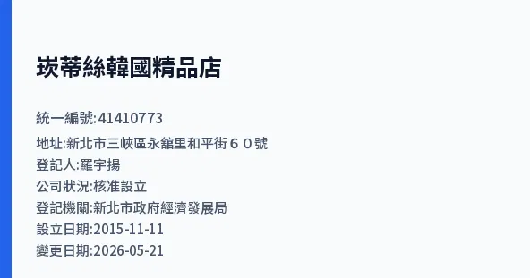 崁蒂絲韓國精品店的照片-統編 41410773(新北市) 公司登記資料與營業項目詳細圖表