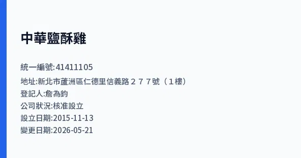 中華鹽酥雞的照片-統編 41411105(新北市) 公司登記資料與營業項目詳細圖表