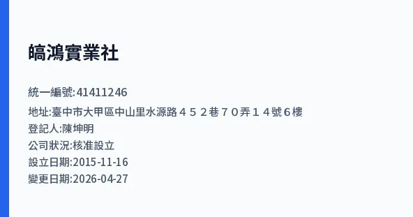 皜鴻實業社的照片-統編 41411246(臺中市) 公司登記資料與營業項目詳細圖表