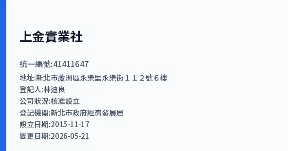 上金實業社的照片-統編 41411647(新北市) 公司登記資料與營業項目詳細圖表