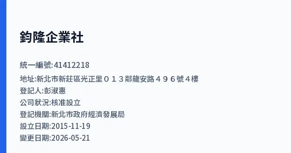 鈞隆企業社的照片-統編 41412218(新北市) 公司登記資料與營業項目詳細圖表