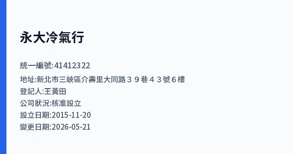 永大冷氣行的照片-統編 41412322(新北市) 公司登記資料與營業項目詳細圖表