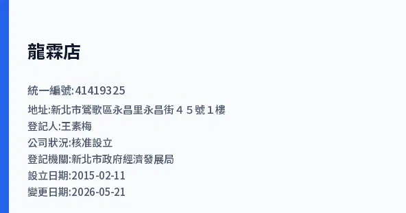 龍霖店的照片-統編 41419325(新北市) 公司登記資料與營業項目詳細圖表