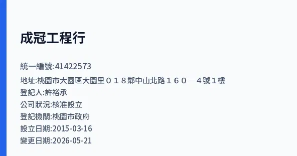 成冠工程行的照片-統編 41422573(桃園市) 公司登記資料與營業項目詳細圖表
