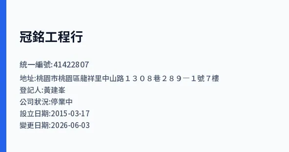 冠銘工程行的照片-統編 41422807(桃園市) 公司登記資料與營業項目詳細圖表