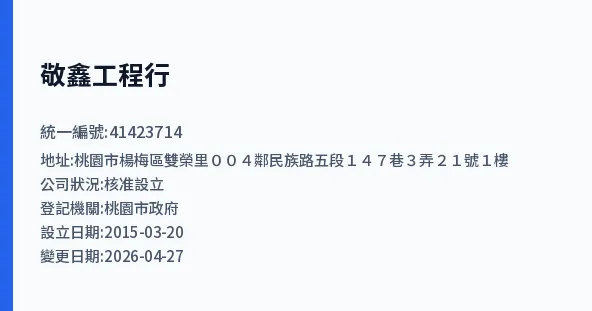 敬鑫工程行的照片-統編 41423714(桃園市) 公司登記資料與營業項目詳細圖表