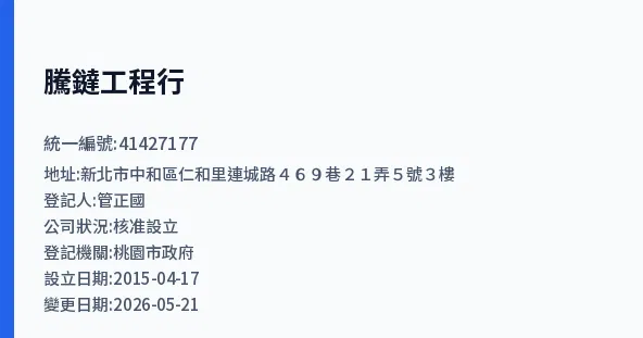 騰鐽工程行的照片-統編 41427177(新北市) 公司登記資料與營業項目詳細圖表