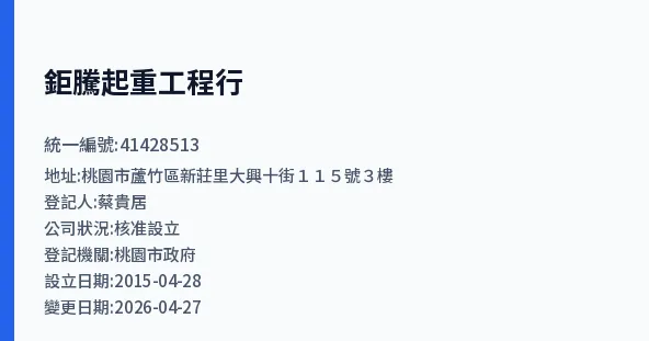 鉅騰起重工程行的照片-統編 41428513(桃園市) 公司登記資料與營業項目詳細圖表