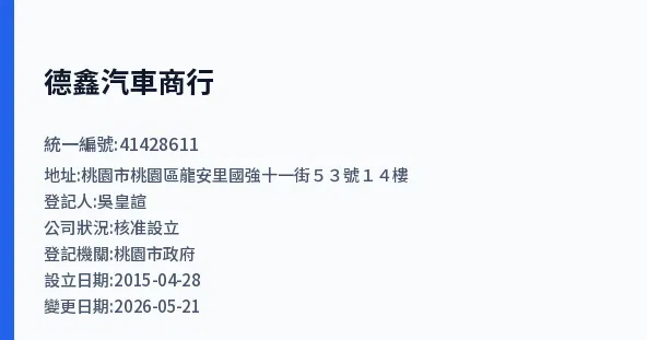 德鑫汽車商行的照片-統編 41428611(桃園市) 公司登記資料與營業項目詳細圖表