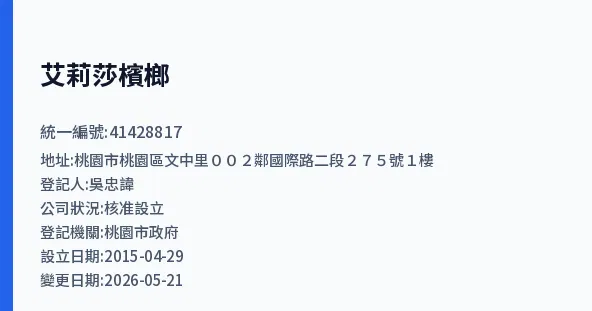 艾莉莎檳榔的照片-統編 41428817(桃園市) 公司登記資料與營業項目詳細圖表