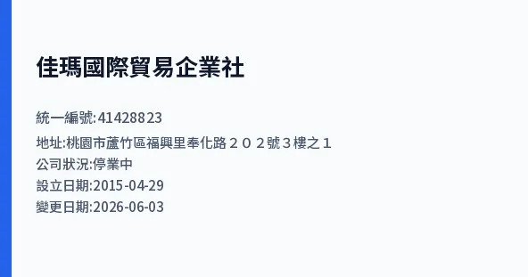 佳瑪國際貿易企業社的照片-統編 41428823(桃園市) 公司登記資料與營業項目詳細圖表