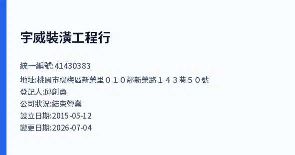 宇威裝潢工程行的照片-統編 41430383(桃園市) 公司登記資料與營業項目詳細圖表
