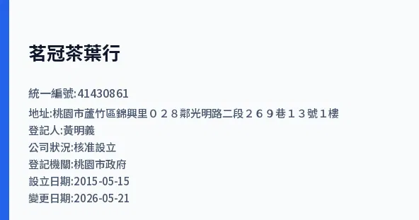 茗冠茶葉行的照片-統編 41430861(桃園市) 公司登記資料與營業項目詳細圖表