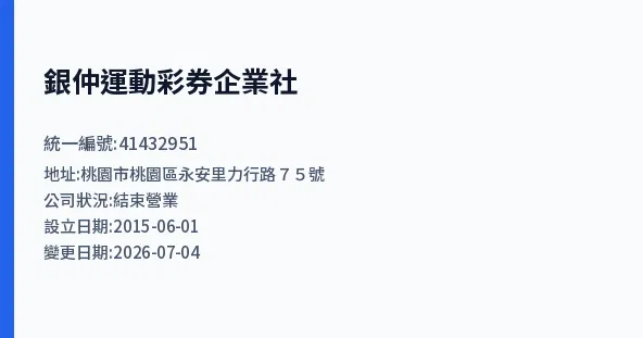 銀仲運動彩券企業社的照片-統編 41432951(桃園市) 公司登記資料與營業項目詳細圖表