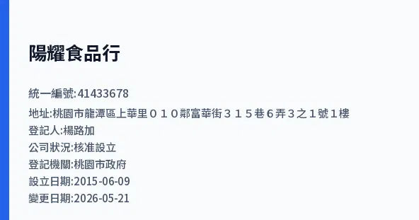 陽耀食品行的照片-統編 41433678(桃園市) 公司登記資料與營業項目詳細圖表