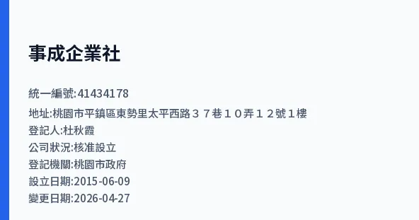 事成企業社的照片-統編 41434178(桃園市) 公司登記資料與營業項目詳細圖表