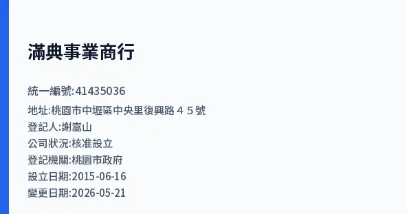 滿典事業商行的照片-統編 41435036(桃園市) 公司登記資料與營業項目詳細圖表