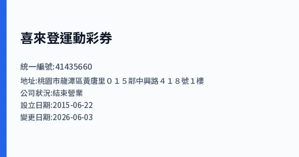 喜來登運動彩券的照片-統編 41435660(桃園市) 公司登記資料與營業項目詳細圖表