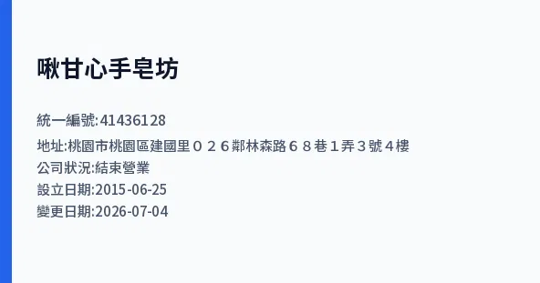 啾甘心手皂坊的照片-統編 41436128(桃園市) 公司登記資料與營業項目詳細圖表