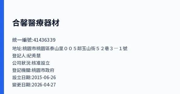 合馨醫療器材的照片-統編 41436339(桃園市) 公司登記資料與營業項目詳細圖表