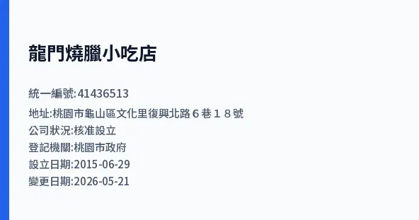 龍門燒臘小吃店的照片-統編 41436513(桃園市) 公司登記資料與營業項目詳細圖表
