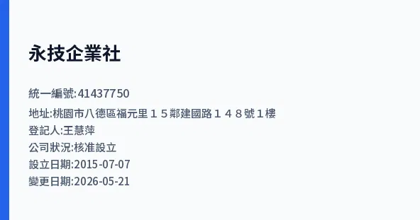 永技企業社的照片-統編 41437750(桃園市) 公司登記資料與營業項目詳細圖表