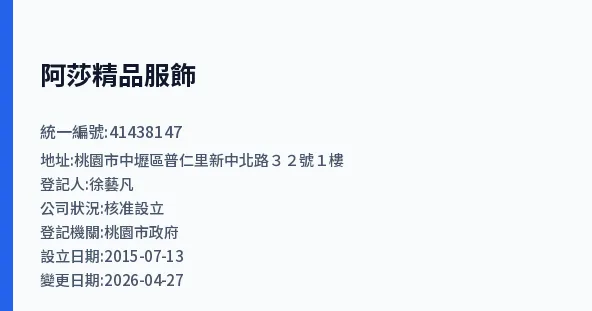 阿莎精品服飾的照片-統編 41438147(桃園市) 公司登記資料與營業項目詳細圖表