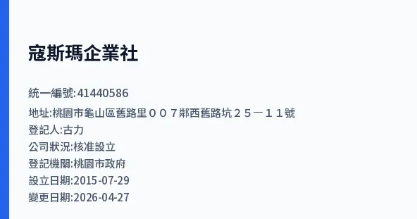 寇斯瑪企業社的照片-統編 41440586(桃園市) 公司登記資料與營業項目詳細圖表
