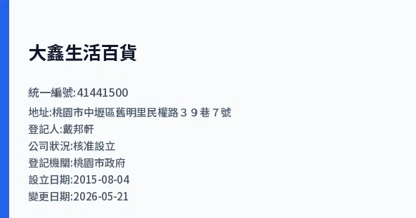 大鑫生活百貨的照片-統編 41441500(桃園市) 公司登記資料與營業項目詳細圖表