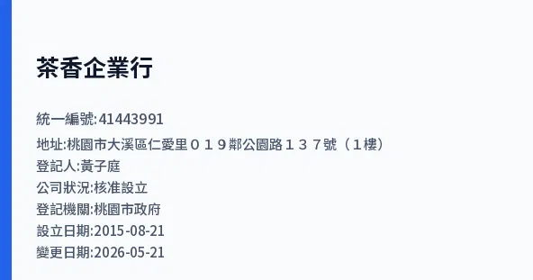 茶香企業行的照片-統編 41443991(桃園市) 公司登記資料與營業項目詳細圖表