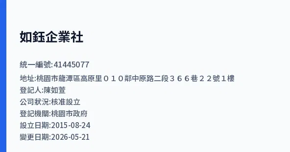 如鈺企業社的照片-統編 41445077(桃園市) 公司登記資料與營業項目詳細圖表