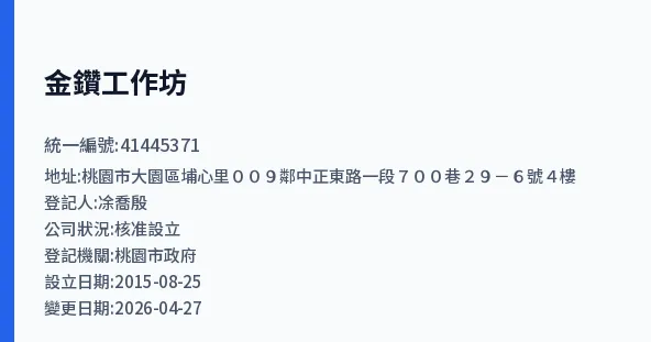 金鑽工作坊的照片-統編 41445371(桃園市) 公司登記資料與營業項目詳細圖表