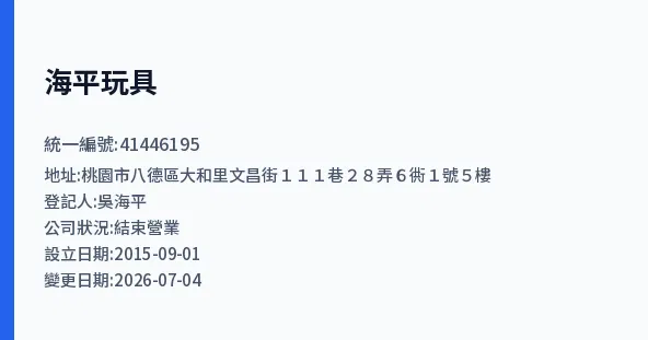 海平玩具的照片-統編 41446195(桃園市) 公司登記資料與營業項目詳細圖表