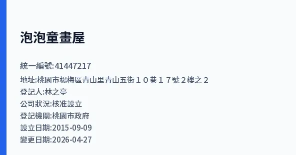 泡泡童畫屋的照片-統編 41447217(桃園市) 公司登記資料與營業項目詳細圖表