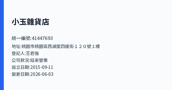 小玉雜貨店的照片-統編 41447693(桃園市) 公司登記資料與營業項目詳細圖表