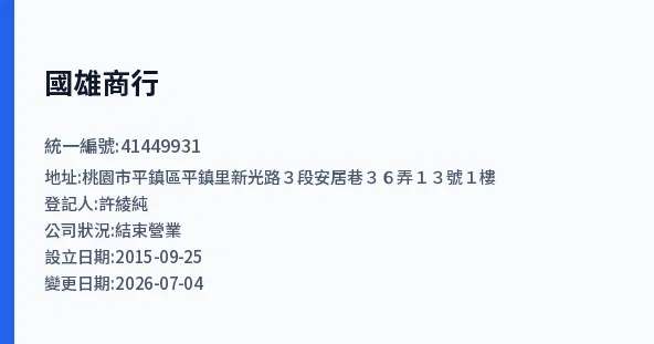 國雄商行的照片-統編 41449931(桃園市) 公司登記資料與營業項目詳細圖表