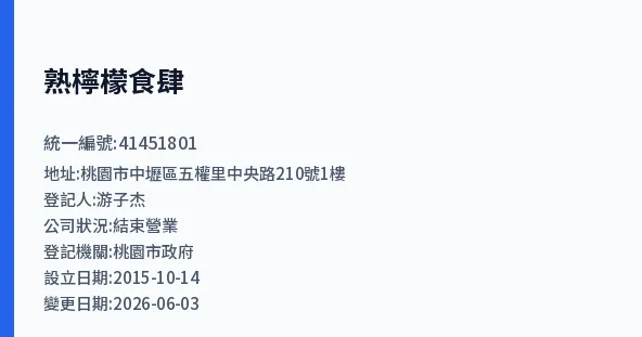 熟檸檬食肆的照片-統編 41451801(桃園市) 公司登記資料與營業項目詳細圖表