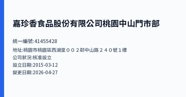嘉珍香食品股份有限公司桃園中山門市部的照片-統編 41455428(桃園市) 公司登記資料與營業項目詳細圖表