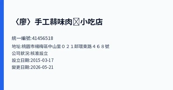 〈廖〉手工蒜味肉焿小吃店的照片-統編 41456518(桃園市) 公司登記資料與營業項目詳細圖表
