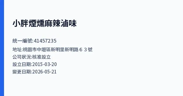 小胖煙燻麻辣滷味的照片-統編 41457235(桃園市) 公司登記資料與營業項目詳細圖表