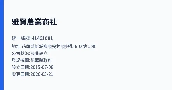 雅賢農業商社的照片-統編 41461081(花蓮縣) 公司登記資料與營業項目詳細圖表