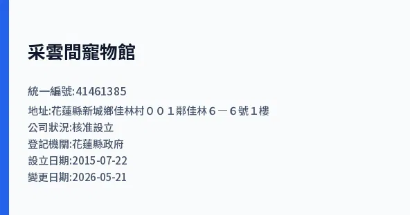 采雲間寵物館的照片-統編 41461385(花蓮縣) 公司登記資料與營業項目詳細圖表