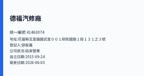 德福汽修廠的照片-統編 41463074(花蓮縣) 公司登記資料與營業項目詳細圖表
