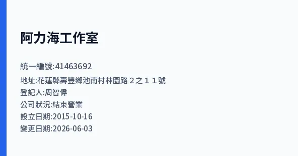 阿力海工作室的照片-統編 41463692(花蓮縣) 公司登記資料與營業項目詳細圖表