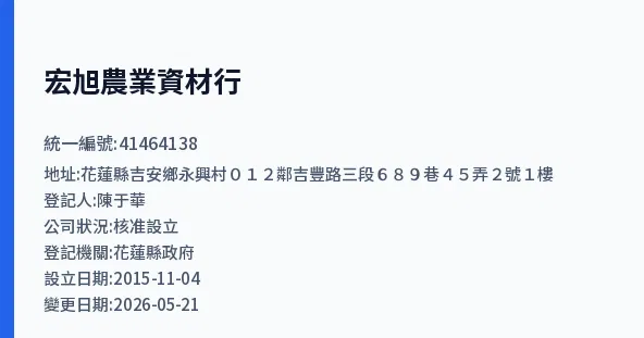 宏旭農業資材行的照片-統編 41464138(花蓮縣) 公司登記資料與營業項目詳細圖表