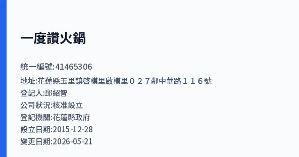 一度讚火鍋的照片-統編 41465306(花蓮縣) 公司登記資料與營業項目詳細圖表
