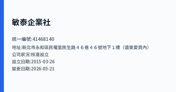 敏泰企業社的照片-統編 41468140(新北市) 公司登記資料與營業項目詳細圖表